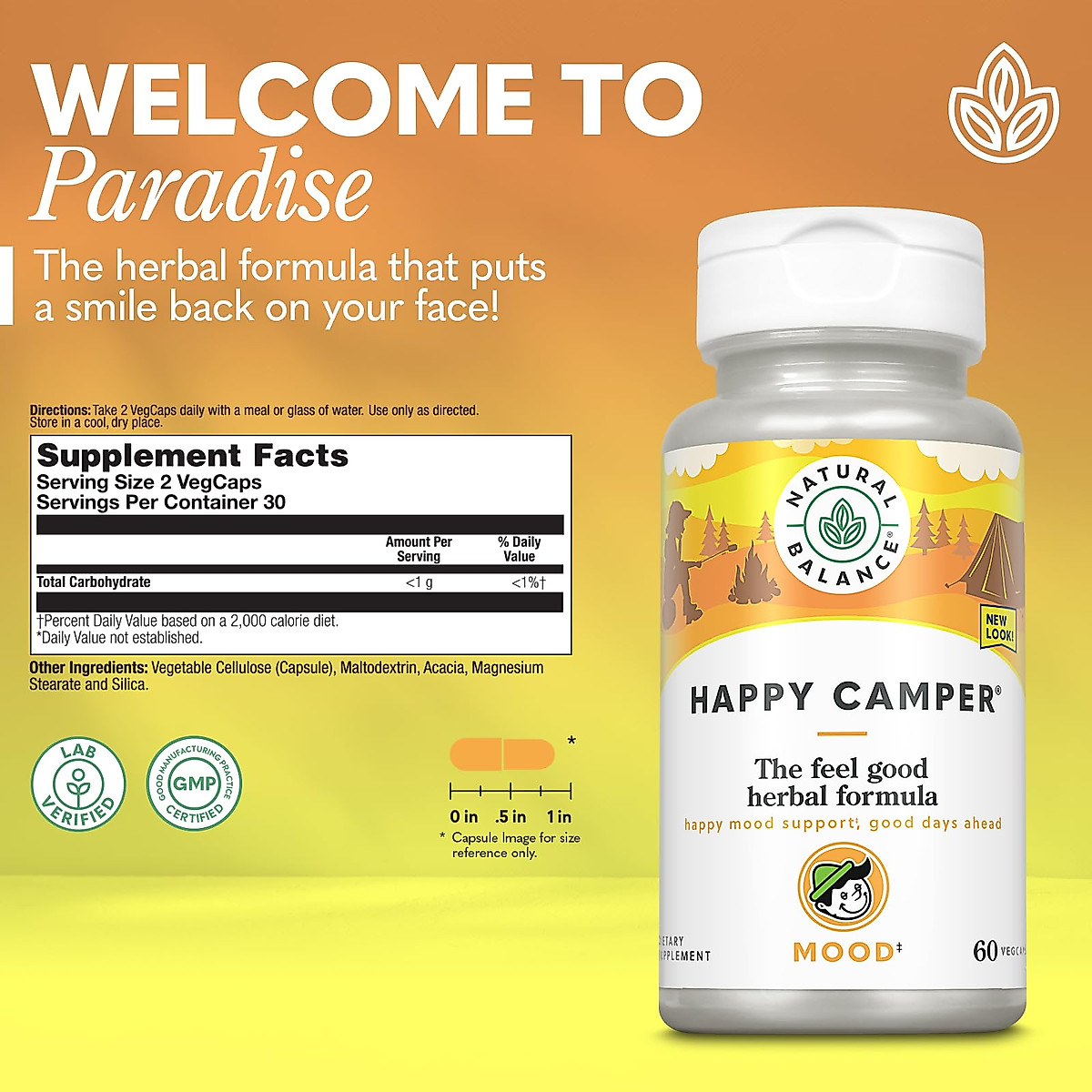 Natural Balance Happy Camper - Feel-Good Mood Support Supplement - Gotu Kola, Passion Flower, and Kava Kava Capsules - 60-Day Guarantee (30 Servings, 60 VegCaps)