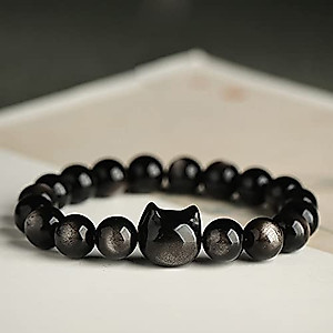 OwMell Natural Black Obsidian Bracelet, Cat Beaded Bracelets for Women Men, Stretch Bracelet 8mm - Silver