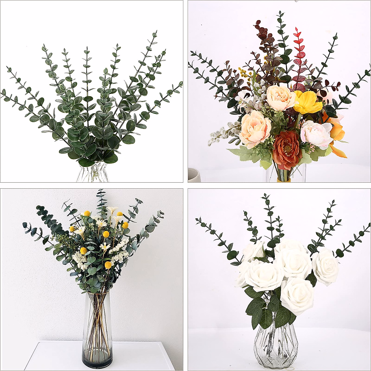 EZFLOWERY 12 Pcs Artificial Eucalyptus Leaves Stems Real Touch Green Leaf for Wedding Arrangements Bouquet Office Party Centerpieces Garden Outdoor Ceremony Floral Home Décor