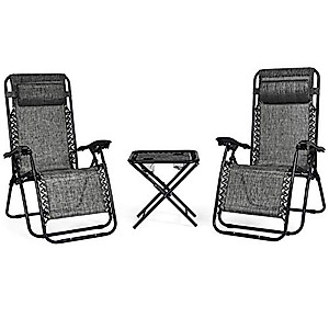 S AFSTAR Safstar Folding Zero Gravity Lounge Chair Set, 3 PCS Outdoor Recliners w/Removable Headrest and Portable Table for Balcony Patio Poolside (Gray)