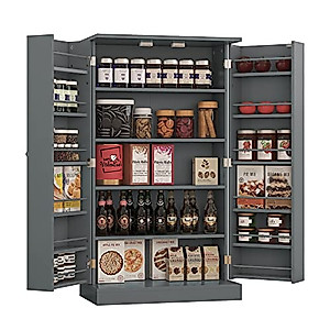 Yusong Kitchen Pantry Storage Cabinet with Doors and Adjustable Shelves, 41" Freestanding Utility Cupboard Cabinets for Dining Room, Living Room, Grey