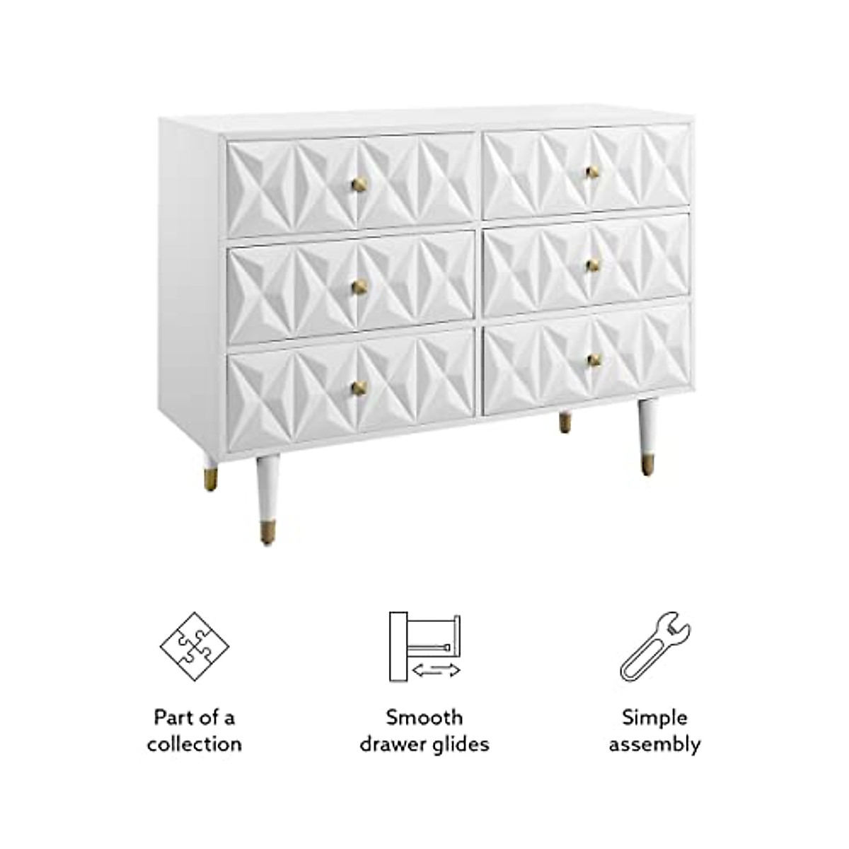 Linon Home Décor Sheerah Six Drawer Geo Texture White Dresser, Gold