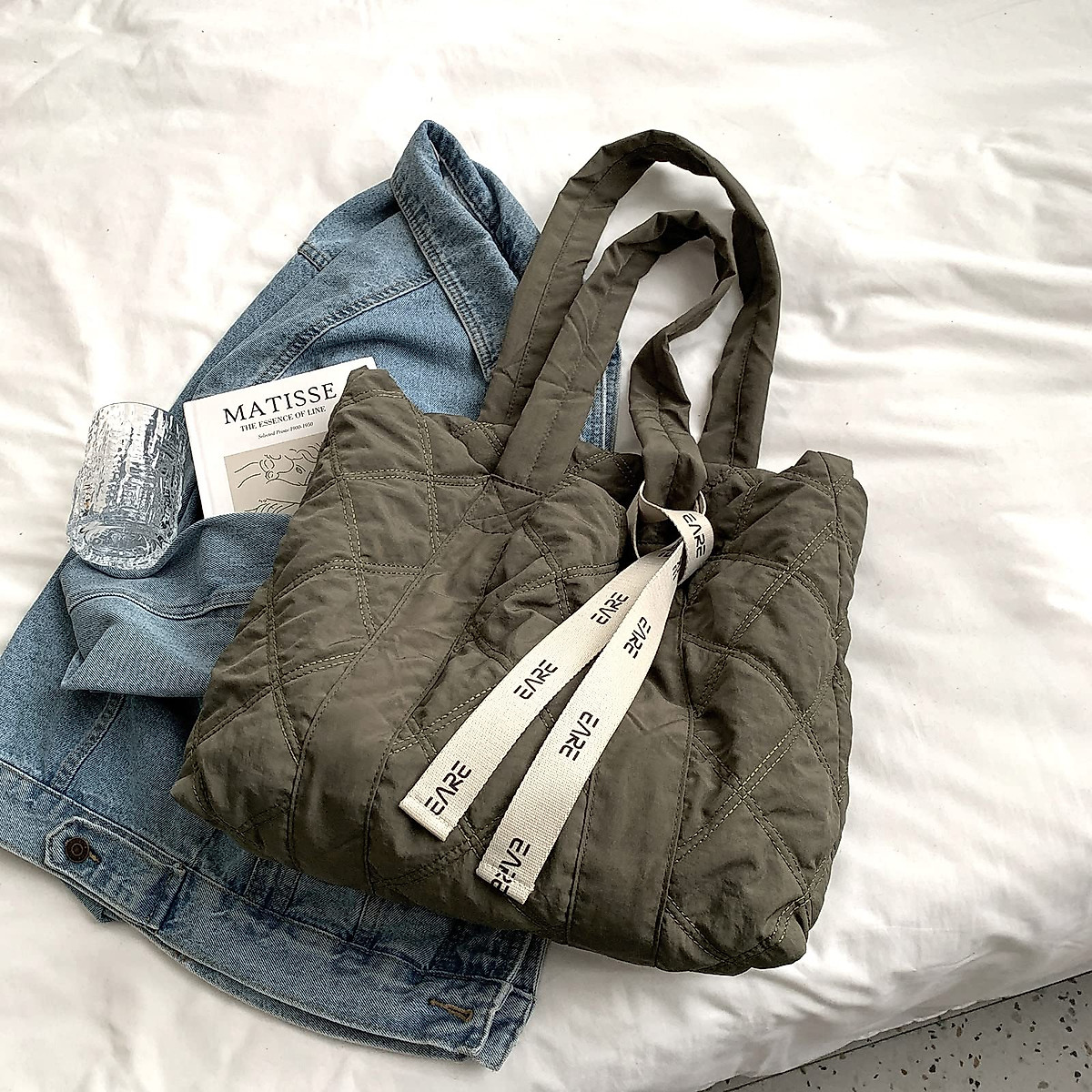 iSamzan Puffer Quilted Tote Bag for Women Puffy Padded Purse with Zipper Work Nylon Soft Purse-Green