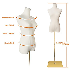 SHAREWIN Female Mannequin Torso Women Dress Forms for Sewing Manicanequin Body High Stability Gold Metal Stand for Clothing Dress Jewelry Display Adjustable Height 50”-70” Thin Body