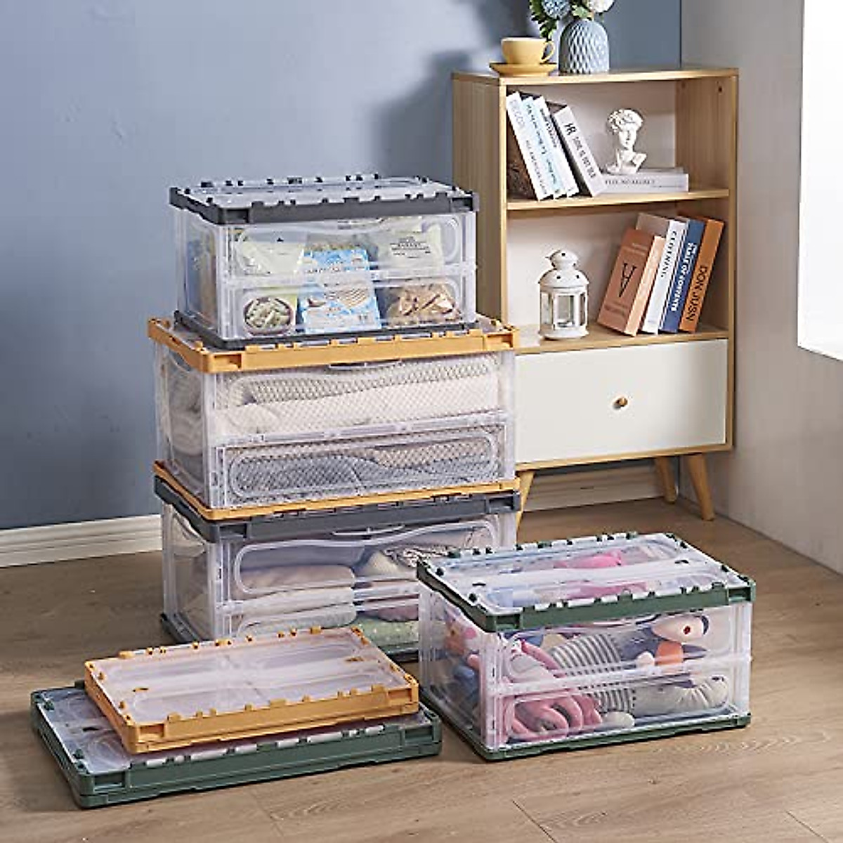 Folding and Stackable Bin with Lid | Storage Container | Storage Organizer | Storage Totes | Trunk Organizer, 80 Liter, Set of 2, Clear & Gray