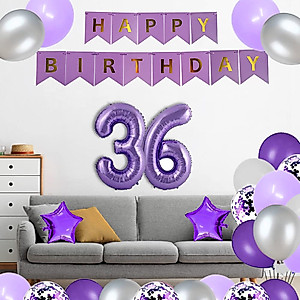 yujiaonly 36th Birthday Party Decorations Purple Happy Birthday Paper Banner Purple 40inch Number 36 Happy birthday Sash Latex and Confetti Balloons Perfect for 36 Years Old Party Supplies Balloons Number 36 Purple