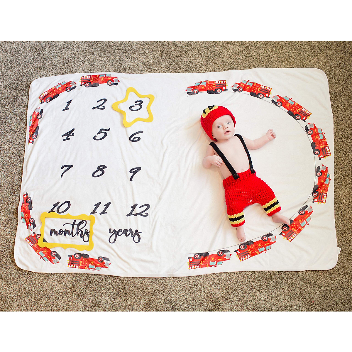 Baby Monthly Milestone Blanket boy | Free: Truck Costume + Star and Rectangular Felt Frames | Plush Extra Soft Fleece | Photography Backdrop Memory | Large 40" x 60" | Newborn
