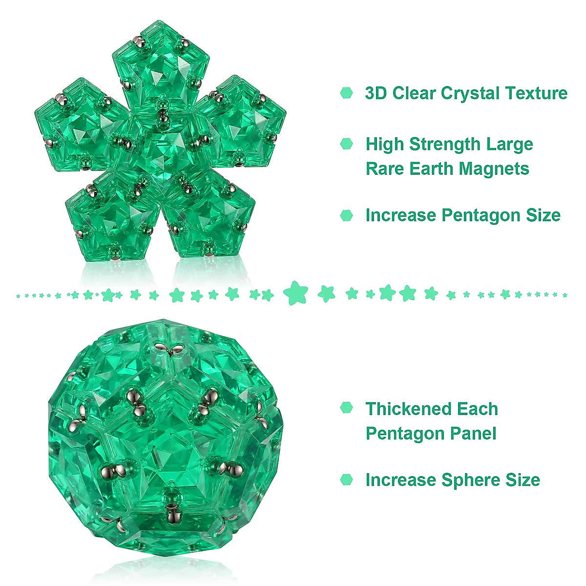 RoomyRoc Magnetic Fidget Sphere - Pentagons Magnets Balls - 12 Piece Set - Crystal Green - Magnet Fidgets Toy - Creativity Beyond Imagination, Inspirational, Recreational, Desk Toys for Adults
