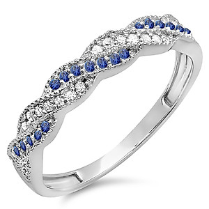Dazzlingrock Collection 14K Round White Diamond & Blue Sapphire Women Anniversary Wedding Band Swirl Ring, White Gold, Size 6.5