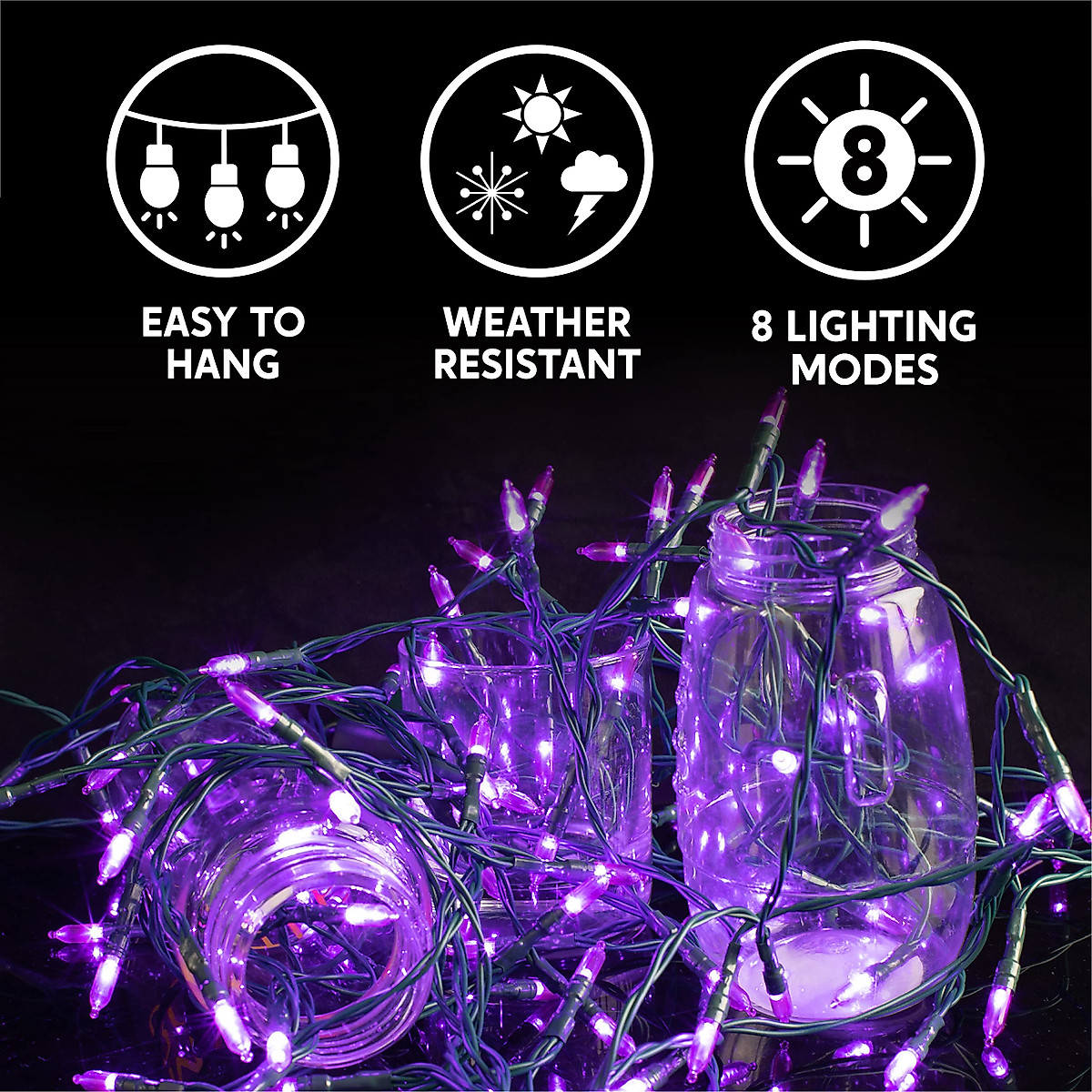 Joiedomi 100 (2x50) LED Halloween String Lights 67.2FT (2x33.6) Green Wire for Indoor Outdoor Holiday Décor Halloween Event Decoration, Tree, Eaves, Haunted House Theme Party (Purple)