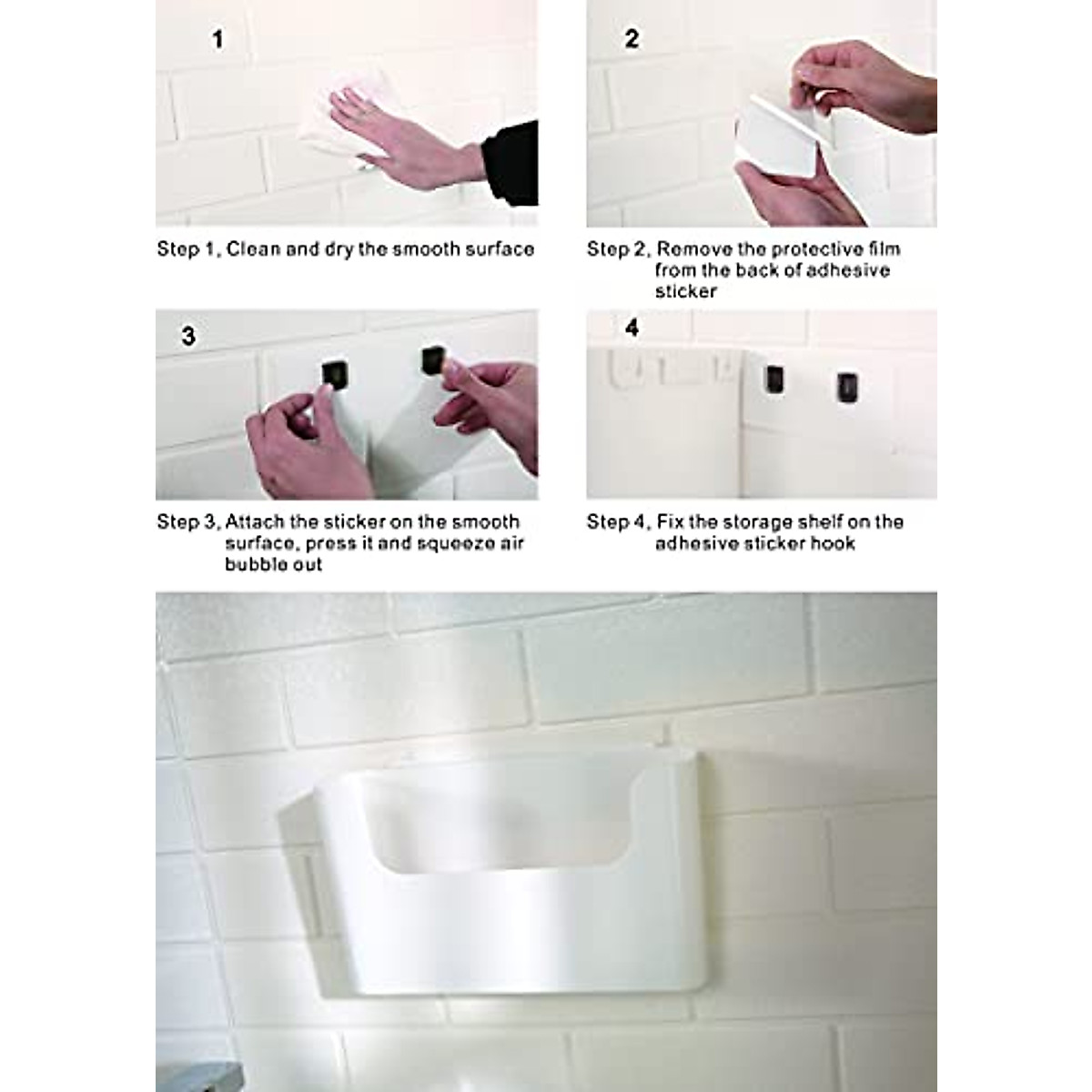 LADYBEE7LES Wall Floating Shelves White 4pcs Set, Self Adhesive Wall Shelf/Bathroom Makeup Wall Organizer/Wall décor/No Drill Plastic Storage Bins, Multi-Sizes, Stickers Included