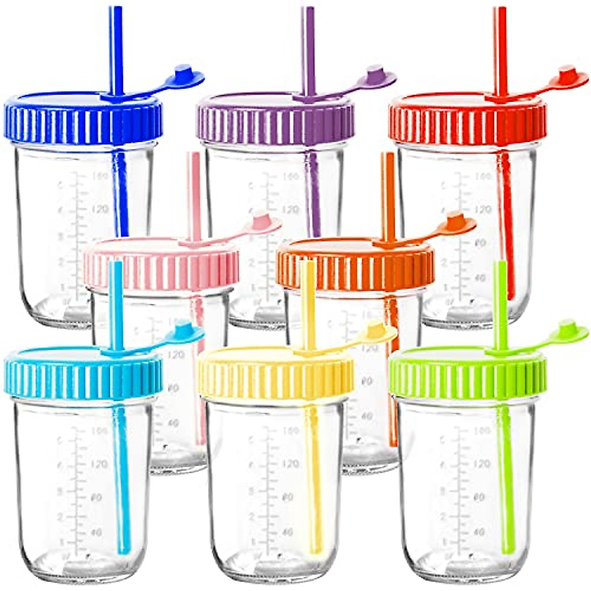 Youngever 8 Pack Glass Jars with Straws, 8 Ounce Glass Cups with Straws, Glass Mason Jars with Airtight Lids and Straws (8 Rainbow Colors)