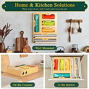 KOCWELL Ziplock Bag Organizer and Plastic Wrap Dispenser with Cutter, 6 In 1 Bamboo Foil and Plastic Wrap Organizer for Kitchen Drawer, Food Storage Bag Organizer for Gallon,Quart,Sandwich,Snack