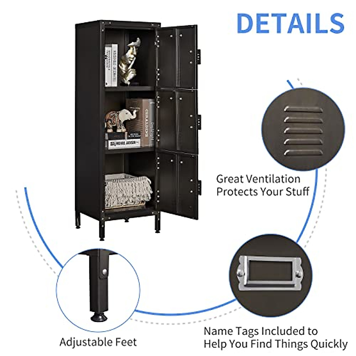 Yizosh Metal Locker with 3 Lockable Doors, Industrial Steel Storage Lockers for Employees - 47.3" Locker Storage Cabinets for School, Gym, Home, Office, Garage