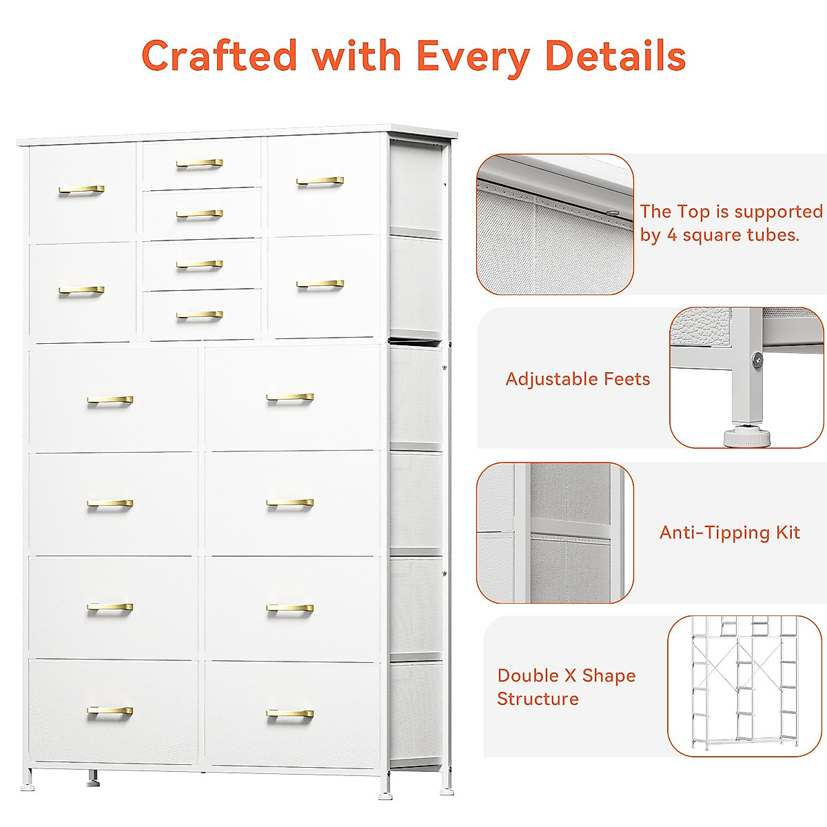 YILQQPER Tall Dresser for Bedroom,16 Drawer Dressers & Chests of Drawers, Fabric Bedroom Dresser with Wood Top, Metal Frame, Tall Storage Tower for Closet Entryway, White