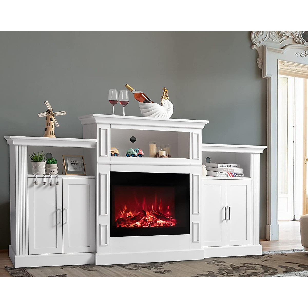 VINGLI Electric Fireplace with Mantel, Fireplace TV Stand for TVs Up to 85'', Modern Entertainment Center with Storage, TV Console with Shelves for Living Room and Bedroom (White, 79'' x 16'' x 41'')