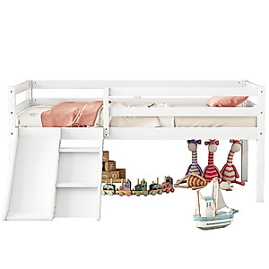 Toforo Twin Low Loft Bed for Kids with Slide and Ladder, Wood Loft Bed Frame with Safety Guardrail for Children, Teens, Boys or Girls, White