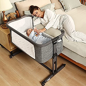 Li’l Pengyu Bedside Bassinet for Baby, Adjustable Baby Bassinets Bedside Sleeper with Cotton Mattress,Tool-Free Assemble Portable Rolling Cribs with Travel Bag Large Breathable Mesh (Gray)