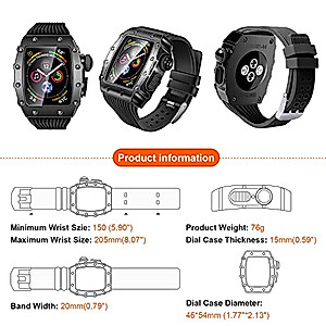 Metal Case for Apple Watch 7 45mm Band with Cover, Heavy Duty Rugged Case Glass Screen Protector Silicon Strap for iWatch Series 7 45mm Accessories Men's Full Protective Cover (Black)