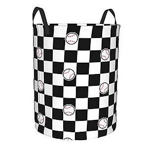 Gbuzozie Black And White Checkered Baseball Pattern Round Laundry Hamper Storage Basket Toys Clothes Organizer Bin For Home Bathroom Bedroom Dorm Nursery, 62l