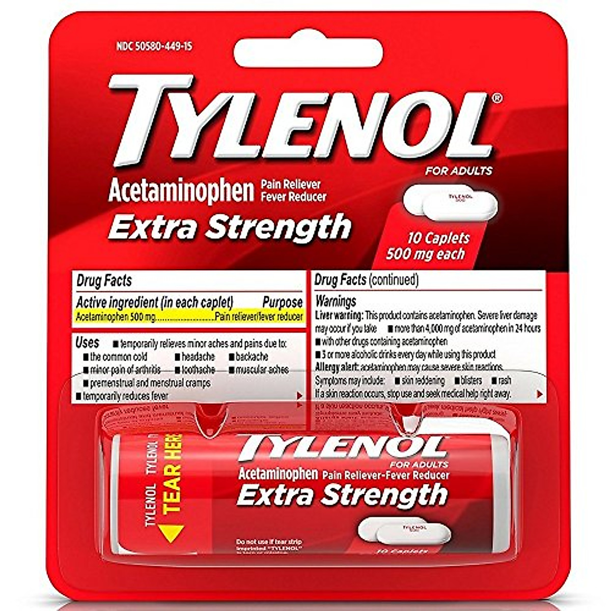 TYLENOL Extra Strength Caplets 10 ea (Pack of 5)