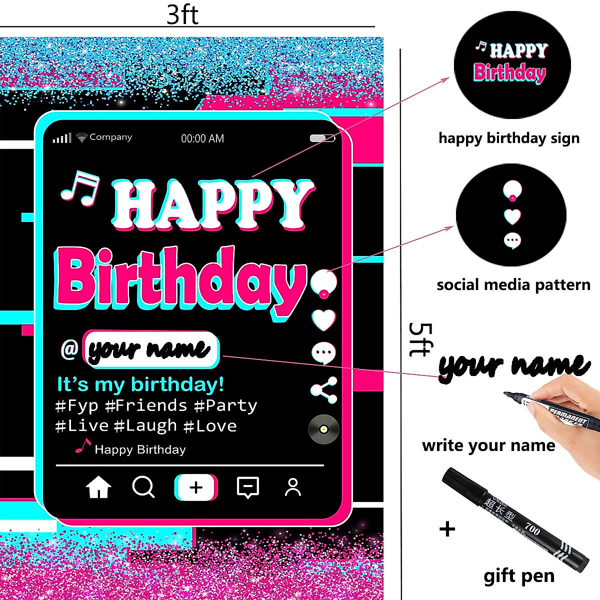 Happy Birthday Party Backdrop,Tic tok Birthday Decoration,Twinkle Pink Blue Backdrop,Musical Theme Party Supplies,Bling Pink Backdrop,Colorful Backdrop,Tic TOC Happy Birthday Banner with A Gift Pen