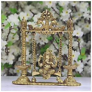 AtoZ India Cart Ganesha Statue on Swing with Diya Brass Ganesha Idol on Jhula Handmade Jhoola Ganesh Murti Showpiece Home Gold 8.75 x 8 x 2.5 inch