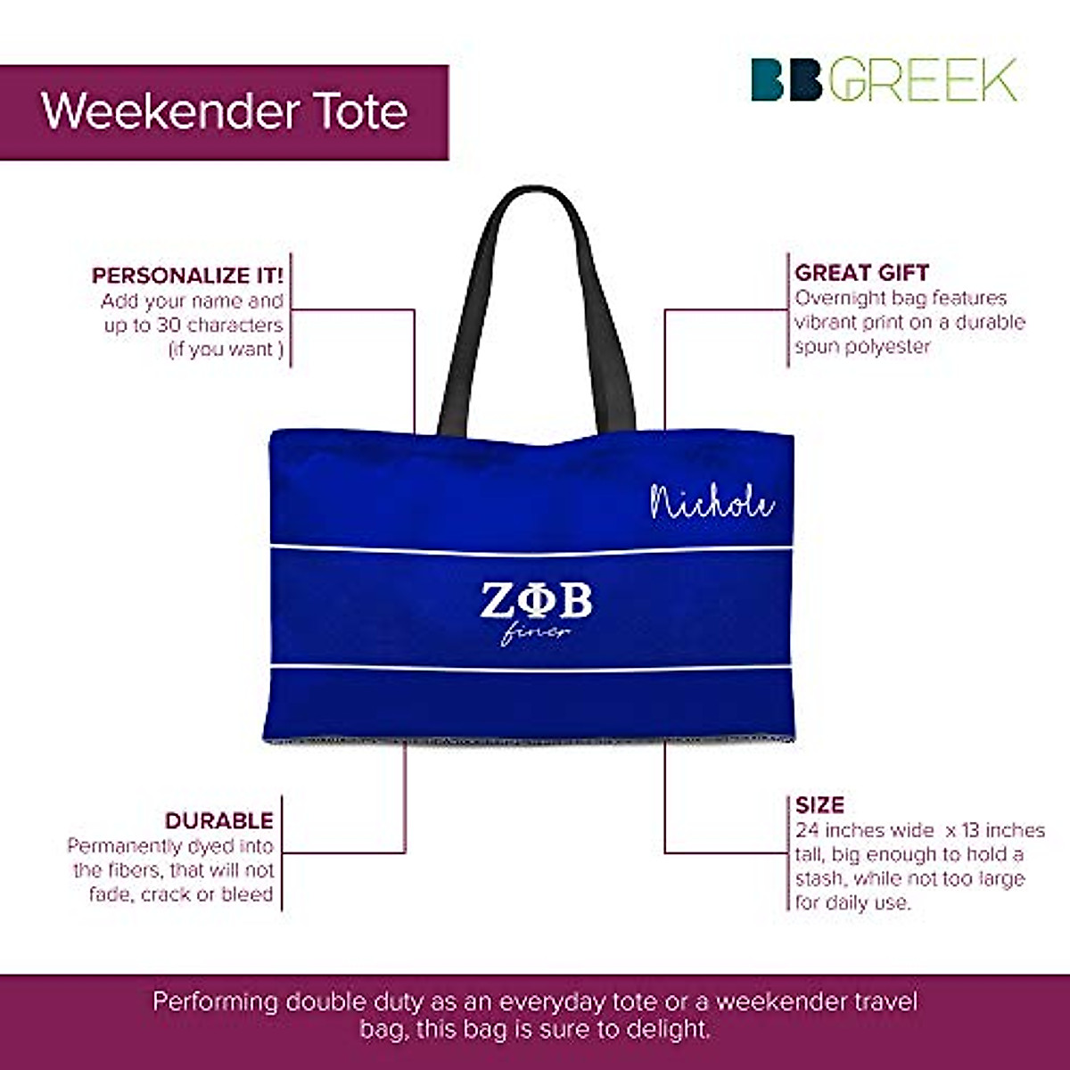 BBGreek Zeta Phi Beta Sorority Paraphernalia - Large Travel Tote Bag, Overnight Bag - Personalized (Color Block)