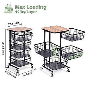 TOOLF Fruit Vegetable Basket, Rotating Storage Shelf, 5 Tier Metal Rolling Cart with Wooden Tabletop, Large Metal Baskets Rack with Wheels, Black