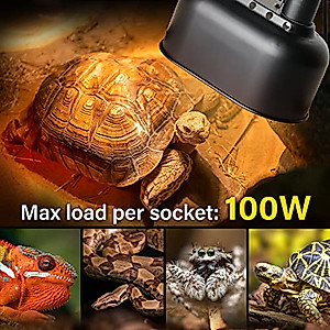 Simple Deluxe Reptile Lamp Fixture Aluminum Dome Light Dual Deep Cap Integration Design Heat-Lighting Lamp Double Sockets Bulbs Holder with Independent Switches, for Terrarium, Turtle Tank, Black