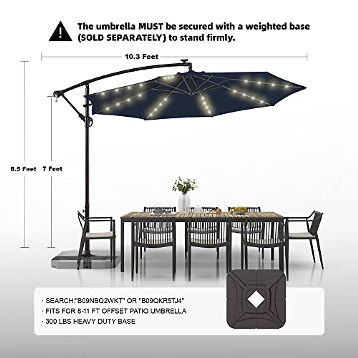 wikiwiki 10 FT Solar Offset Hanging Umbrella, Lighted Patio Cantilever Umbrella with 32 Lights, Infinite Tilt, Fade Resistant RECYCLED FABRIC Canopy & Cross Base, for Yard, Garden & Deck(Navy Blue)