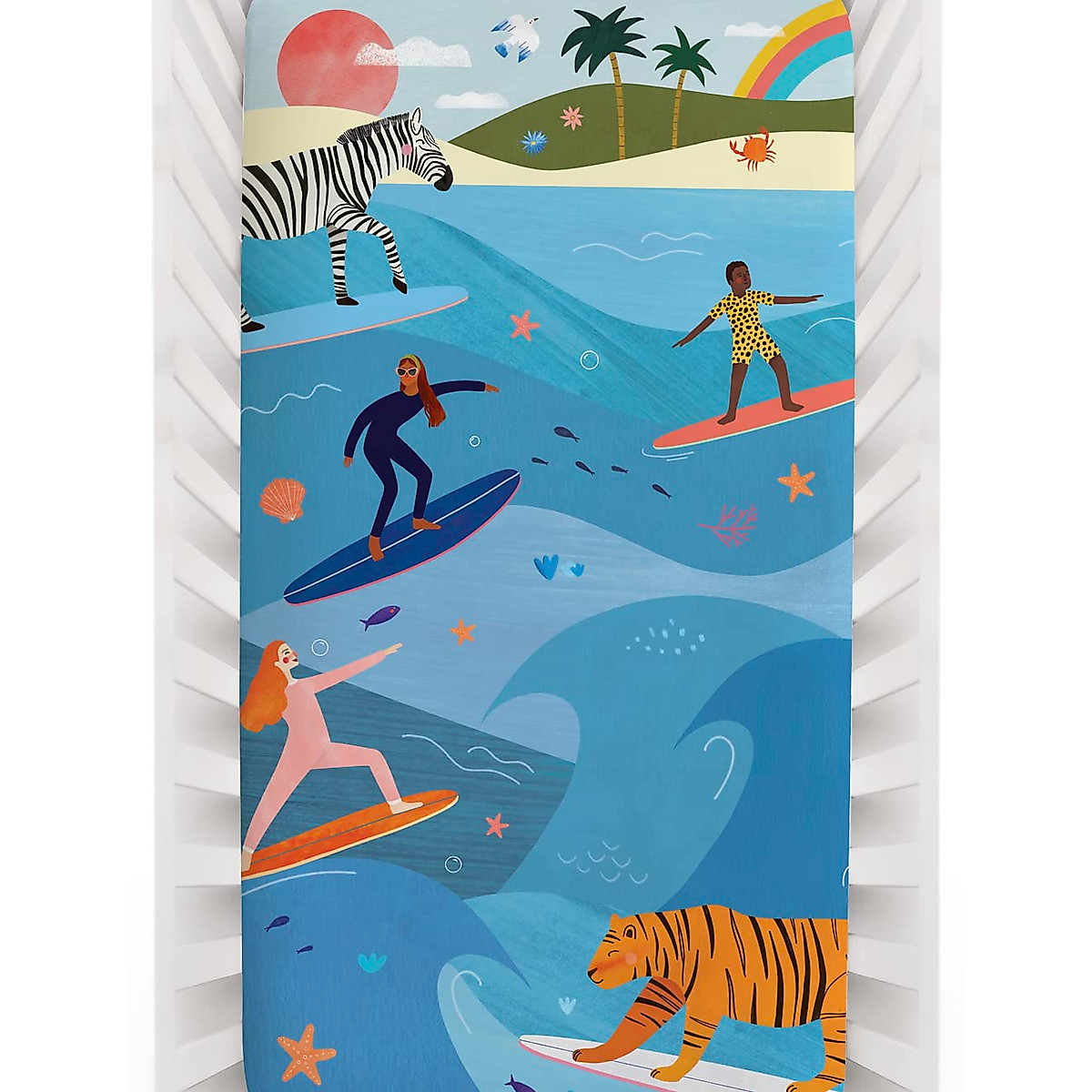 Rookie Humans 100% Cotton Sateen Fitted Crib Sheet: Surfing Safari. Modern Nursery, Use as a Photo Background for Your Baby Pictures. Standard Crib Size (52 x 28 inches)
