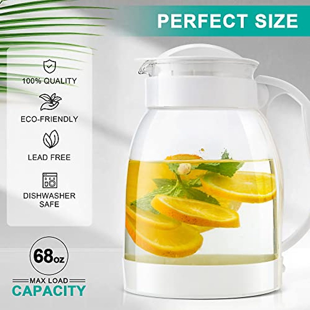 Glass Pitcher - HIHUOS 68oz Water Pitcher with Lid and Spout - Refined Beverage Pitcher with Handle for Easy Cleaning, Glass Jug for Water, Iced Tea, Juice, Lemonade