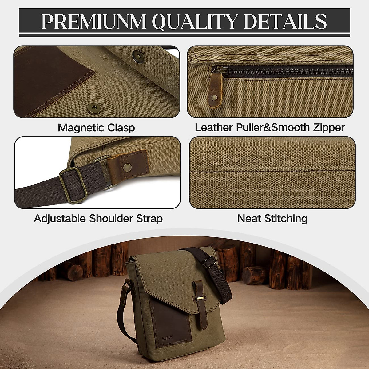 VASCHY Small Messenger Bag, Vintage Canvas Leather Lightweight Crossbody Bag