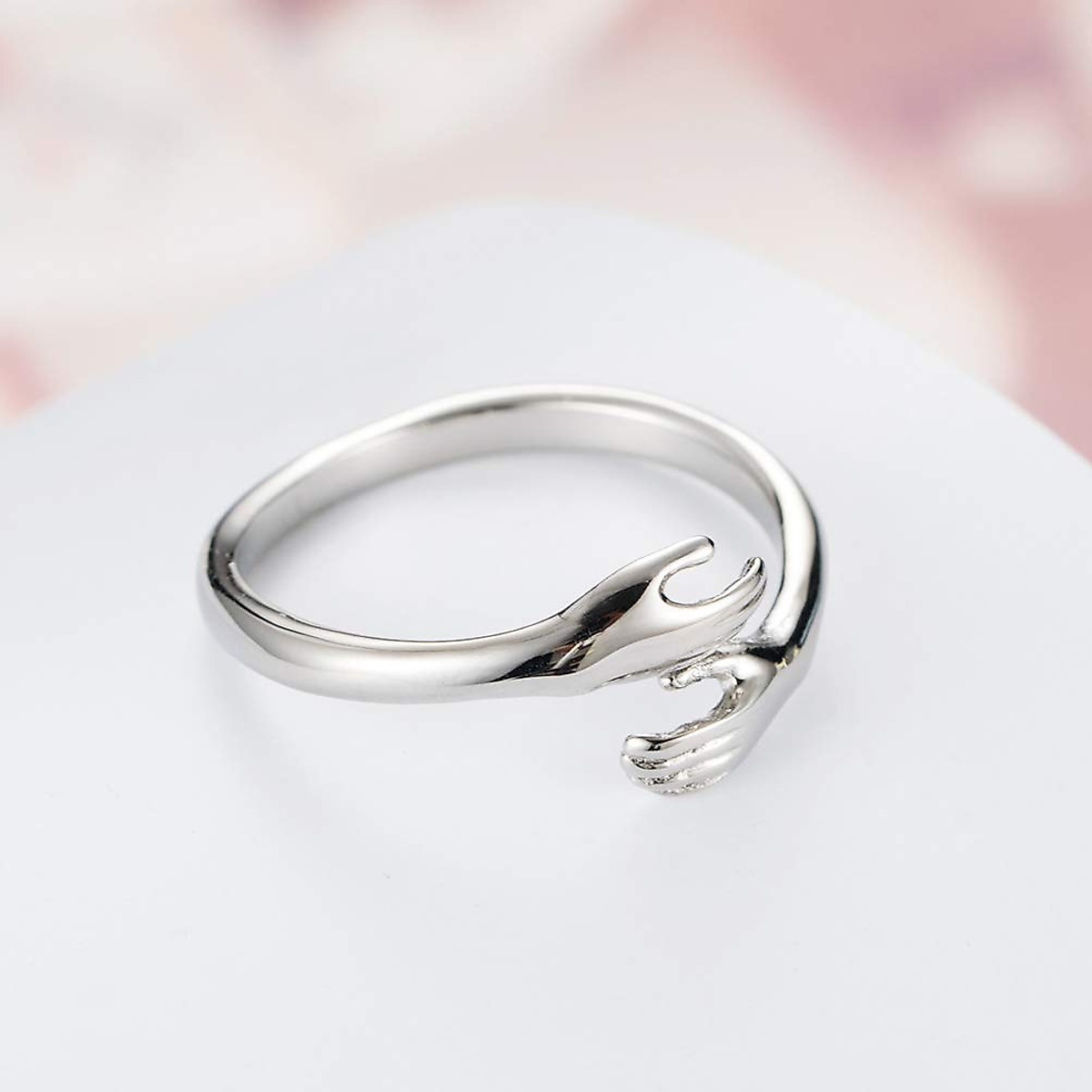 INRENG Unisex Stainless Steel Hands Embrace Open Couples Wedding Ring Romantic Love Hug Jewelry, Silver Size 6