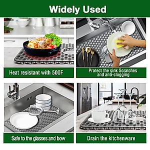 Sink Protector for Kitchen Sink,24.5''x12.9'' Silicone Sink Mat Grid Accessory for kitchen sink with Center Hole Nonslip Heat Resistant for Bottom of Farmhouse Stainless Steel Porcelain Sink