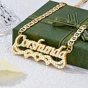 BAUMA AUTO Double Plated Name Necklace Personalized Custom Nameplate Pendant Necklace Personalized Name Jewelry for Women Men Birthday Gifts (Gold-7)