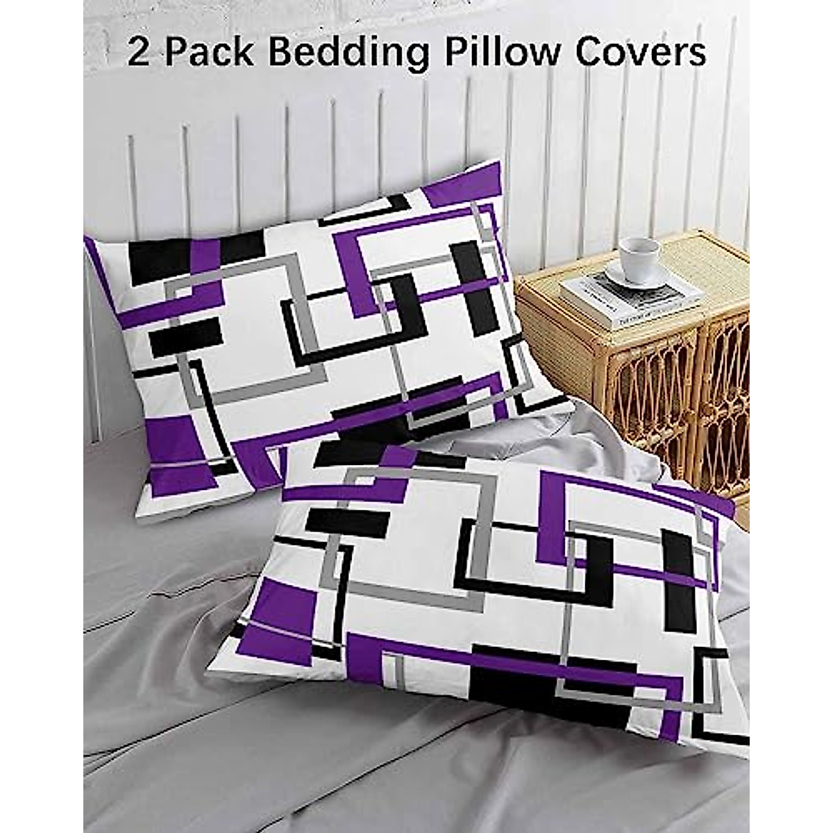 Edwiinsa Purple Grey Black Pillow Covers Standard Size Set of 2 20x26 Bed Pillow, Modern Geometry Abstract Art Aesthetics Plush Soft Comfort for Hair/Skin Cooling Pillowcases with Envelop Closure
