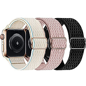 Swhatty Stretchy Nylon Solo Loop Bands Compatible with Apple Watch 41mm 40mm 38mm, Adjustable Braided Sport Elastics Women Men Strap for iWatch Series 8 7 6 5 4 3 2 1 SE (Black, Rose pink, Cream)