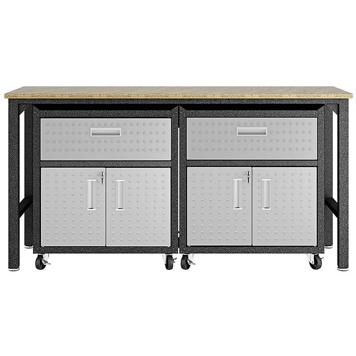 Pemberly Row Space Saving Metal 3 Piece Garage Storage Set with Two Mobile Cabinets with Drawer and 72" W Worktable