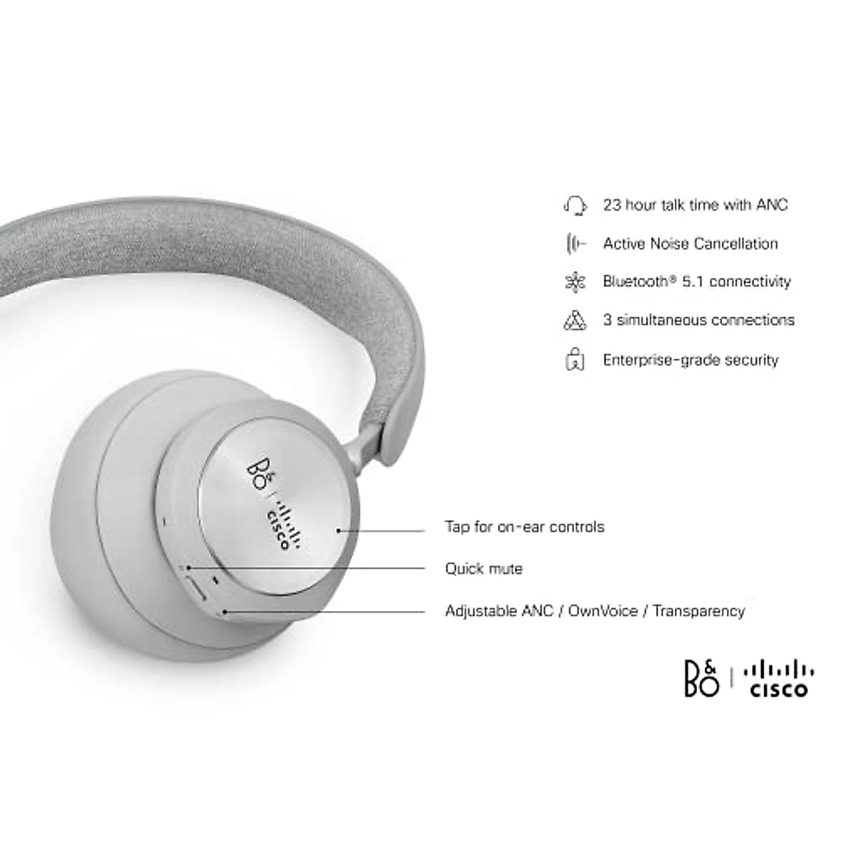 Cisco | Bang & Olufsen Cisco 980, Wireless Dual Over-Ear Bluetooth Headset with Case, USB-A HD Adapter, Active Noise Cancellation, First Light, 1-Year Limited Liability Warranty, HS-WL-980-BUNA-L