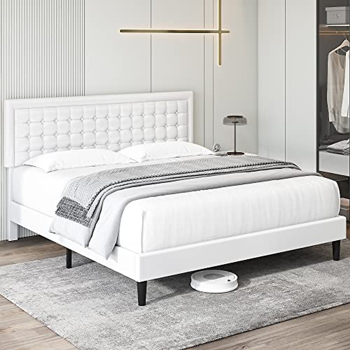 HIFIT King Size Bed Frame, Upholstered Platform Bed with Button Tufted Adjustable Headboard, Modern Faux Leather Upholstered Mattress Foundation, No Box Spring Needed, Easy Assembly, White