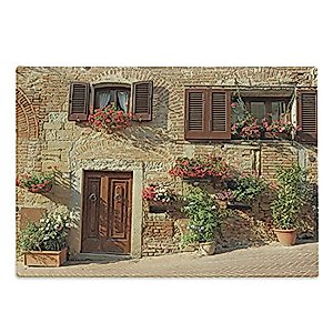 Lunarable Tuscan Cutting Board, Picturesque Lane with Mediterranean Architecture Flowers Italian Town, Decorative Tempered Glass Cutting and Serving Board, Large Size, Pale Brown