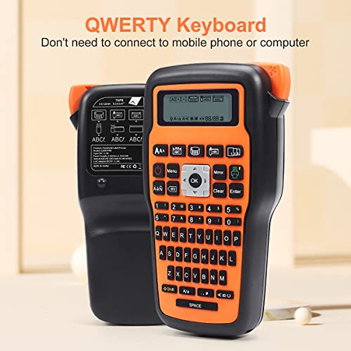 MarkDomain Label Maker Machine E1000Portable Handheld Cable Labeler Machine with AC Adapter, QWERTY Keyboard, One-Touch Keys, Easy to use for Home Office & Industrial Labeling Jobs, Orange