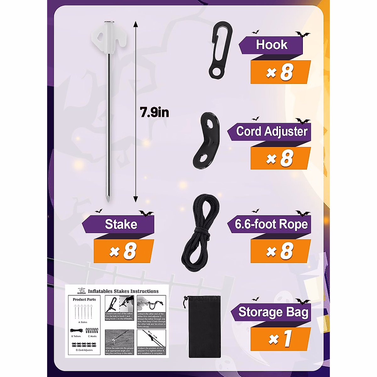 8 Sets Metal Inflatables Stakes- Heavy Duty Inflatable Stakes and Tethers, Yard Ground Blow Up Stake Pegs for Halloween Christmas Outdoor Inflatable Decoration Tie Downs