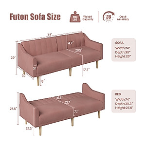Lonkwa Velvet Futon Sofa Bed Couch, Convertible Sleeper Sofa, 74" Loveseat Futon Couch with Adjustable Backrests, Pink Couches for Living Room Bedroom Apartment
