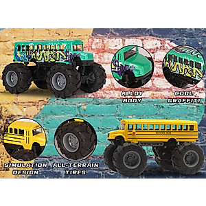 Crelloci School Bus Monster Truck Toy - 2 Pack Set Die Cast Yellow School Bus Toy, Pull Back Car Toys, Big Wheel Monster Truck Play Vehicles Gifts for Toddlers, Kids, Boys
