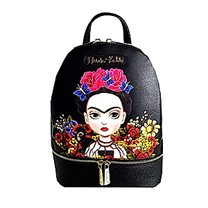 Frida Kahlo Cartoon Licensed Cute Backpack and Wallet Set (Black/Black)