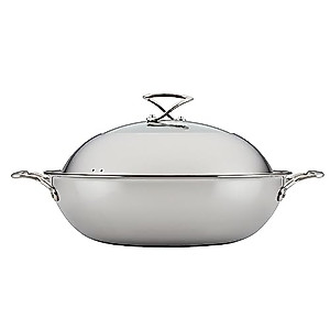 Circulon Clad Stainless Steel Wok/Stir Fry with Glass Lid and Hybrid SteelShield and Nonstick Technology, 14 Inch - Silver