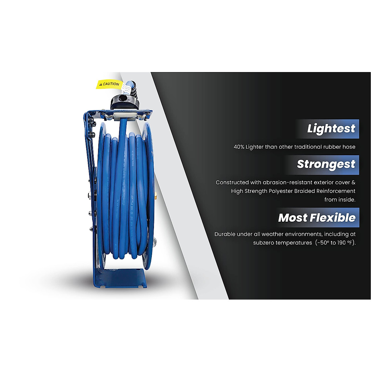 BLUBIRD BBRHD1250 18ga. Retractable Hose Reel with 1/2" X 50' Air Hose, 12 Point Ratcheting Gear, Next-Gen Rubber, Lightest, Strongest, Most Flexible, 300 PSI, -50F to 190F Degrees, Polyester Braided